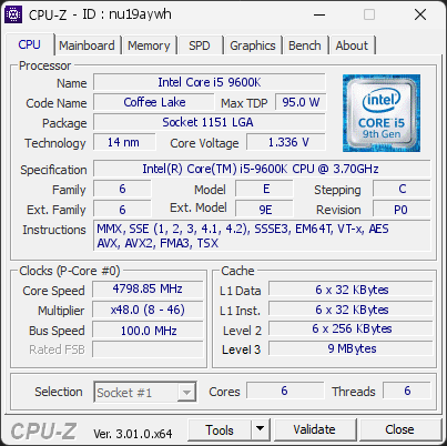 Intel Core i5 9600K @ 4798.85 MHz - CPU-Z VALIDATOR